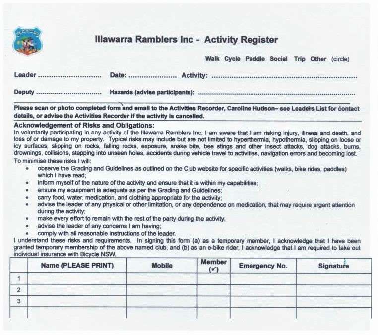Activity Register - short - Illawarra Ramblers